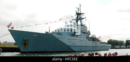 HMS Tyne (P281), a River-class patrol vessel of the Royal Navy, as she ...