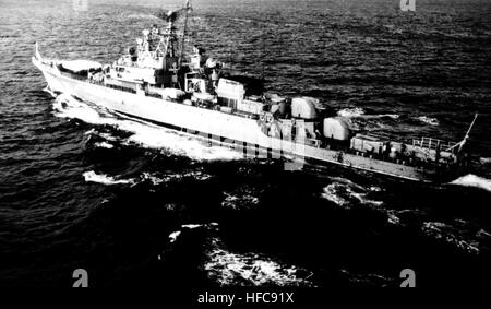 Aerial port quarter view of a Soviet Grisha class frigate underway ...