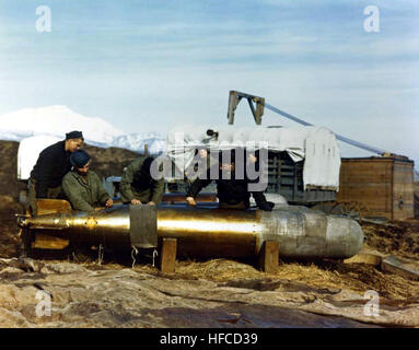 Mark 13 torpedo is serviced by Navy ordnancemen, circa 1943 Stock Photo ...