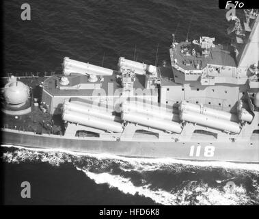 A partial aerial port side view of the Soviet Slava class guided ...