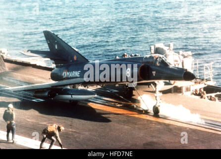 A right front view of a Super Entendard aircraft being launched from ...