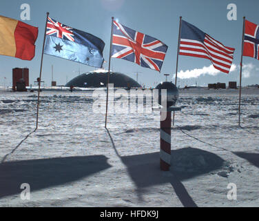 The flags of the Antarctic Treaty nations around the ceremonial South ...