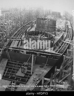 A view from the bow looking aft at the mast and superstructure of the ...