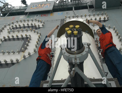 US Navy Fire Controlman perform daily maintenance one of the ship's ...