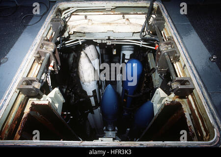 A view through the loading arm door of various missiles in the magazine ...