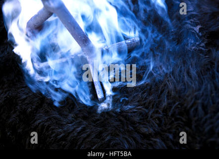 Branding cattle with a red hot brand iron. Smoke, fire and burning skin ...