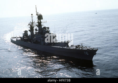 Aerial starboard bow view of the Leahy class guided missile cruiser USS ...
