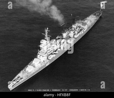 An elevated port bow view of a Soviet Kresta II class guided missile ...