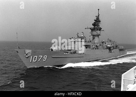A port bow view of the frigate USS BARBEY (FF-1088) underway in rough ...