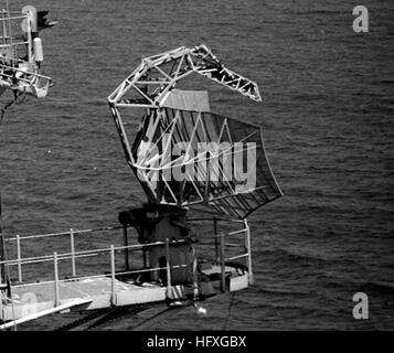 A close-up view of the SPS-10 surface search radar, left, and the larger SPS-40 air search radar ...