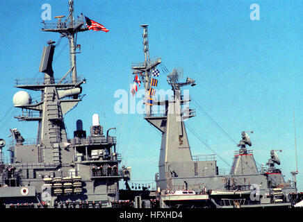 A view of the superstructure of the guided missile cruiser USS ...