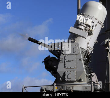 US Navy Phalanx MK-15 Close In Weapons Systems (CIWS) fires a high ...