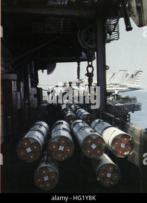 Zuni rocket launchers on USS Midway (CV-41) flight deck c1975 Stock ...