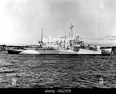 The USS Gardiners Bay (AVP 39), a seaplane tender, is shown in this ...