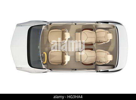 Top view of self-driving car cutaway image. Front seats turned backward ...