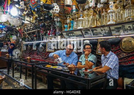 Azadegan tea house, Isfahan, Iran with cakes, sweets, tea, water pipe ...