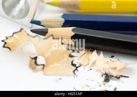 Shavings of sharpening colorful pencils on white table, close up Stock ...