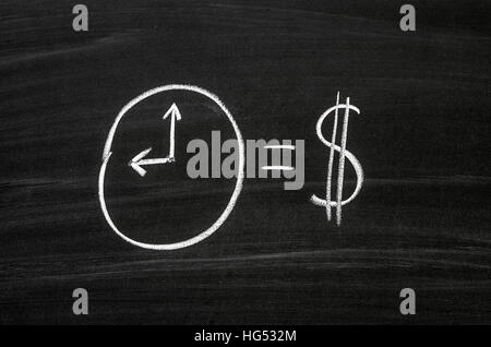 The clock and dollar sign drawed with white chalk on a blackboard Stock ...