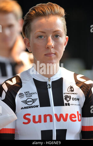 The British cyclist Molly Weaver presents herself in front of special ...