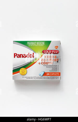 Panadol Cold and Flu and cough relief tablets in a box isolated against ...