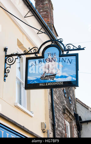 The Albion Inn pub sign, Wimborne Minster, Dorset, showing a battleship ...