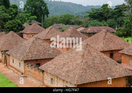 Traditional palace of the Fon of Bafut with brick and tile buildings ...
