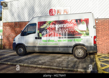 A co-op (co-operative) food delivery lorry truck van delivering goods ...