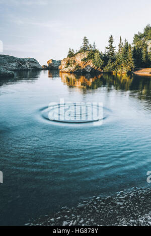 Lake Michigan calm rippled water is seen through tall trees and ...