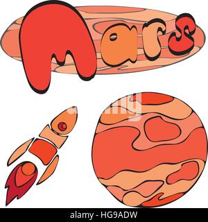 Hand drawn sketch of planet mars in color, isolated on white background ...