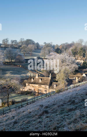 Turkdean in the frosty winter sunlight. Cotswolds, Gloucestershire ...