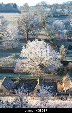 Turkdean in the frosty winter sunlight. Cotswolds, Gloucestershire ...