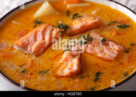 Tasty creamy soup with white fish hake and greens at plate Stock Photo ...