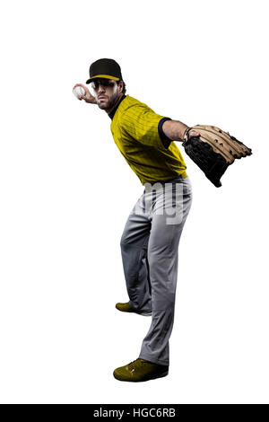 Pitcher Baseball Player with a yellow uniform on baseball Stadium Stock ...