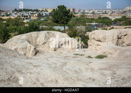 Aerial view from ziggurat structure in ancient archeological site ...
