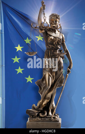 Lady Justice and European Union flag. Symbol of law and justice with EU ...