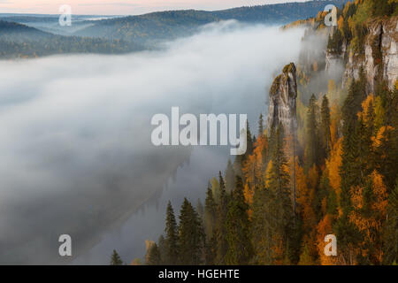 usva river devils finger rock, autumn colors, russian nature, misty ...