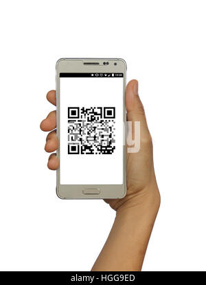 Hand holding a smartphone with QR-Code scan. Flat style vector icon ...