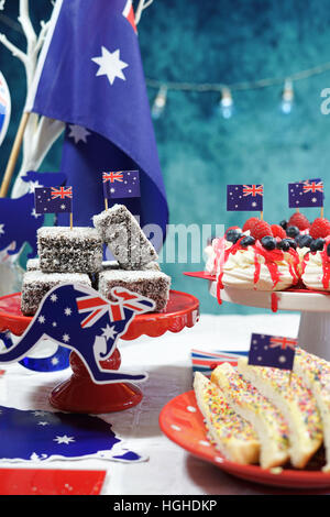 Australian theme party table with flags and iconic food including mini ...