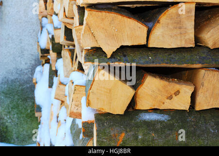 Stacked firewood in winter under the snow Stock Photo - Alamy
