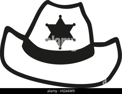 Cowboy sheriff hat with star badge drawing in a vintage retro woodcut ...