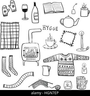 Sketch drawing cozy hygge scandinavian set, doodle vector collection ...