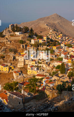 Looking down on the village of Horio and the harbour in Pedi on Symi ...