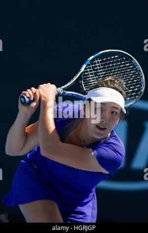 Melbourne, Australia. 12th Jan, 2017. Liu Fangzhou of China hits the ...