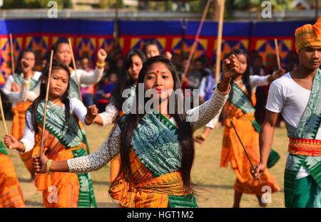 Dimapur, India, 13th January 2017. Indian tribal Kachari performs a ...