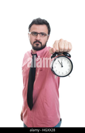 Morning awakening. Man awake unhappy with alarm clock ringing. Although ...