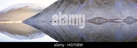 Mountainside rock and frost with reflections on Talla reservoir ...