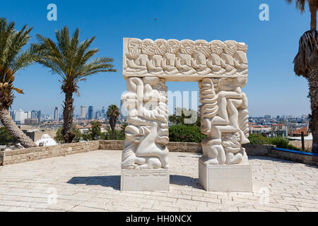 Statue of Faith at the Abrasha Park, Jaffa, Israel. The panel on the ...