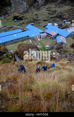 Trekkers Climbing Above Machhapuchhre Base Camp (MBC) in the Annapurna ...