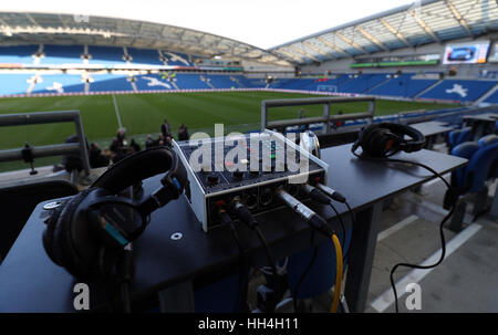 A BBC Radio commentary set up in the press seats at the AMEX Stadium ...