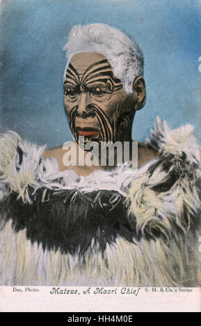 New Zealand: A Maori chief with facial moko tattoo. Engraving by Thomas ...